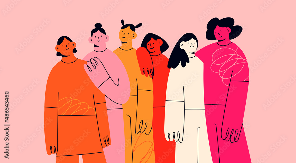 Group of abstract cheerful young ladies. Women are standing, posing ...