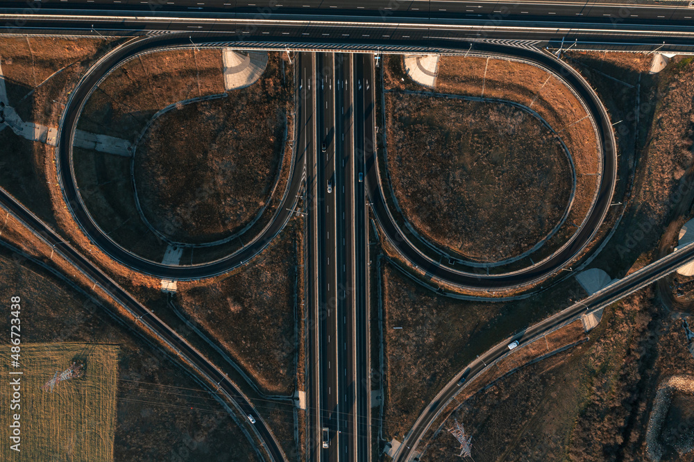 Highway roads infrastructure in Romania. Aerial view of a big cross ...