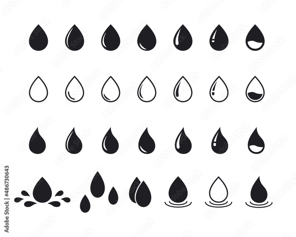 Vector black water drop icon set. Flat droplet shapes collection ...