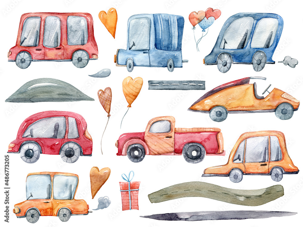Illustration Stock Cute watercolor retro cars clipart set. Baby boy ...