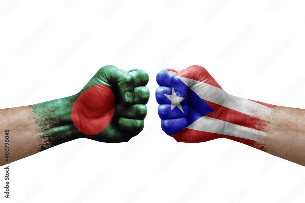 Two hands punch to each others on white background. Country flags ...