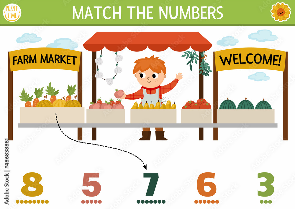 Match the numbers farm game with farm market, vendor, fruit and ...