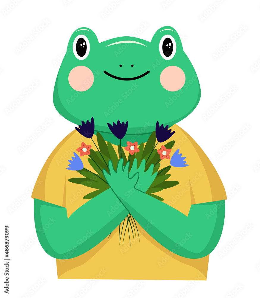 Cartoon happy frog holding flowers. Vector illustration. Cute character. Stock Vector | Adobe Stock