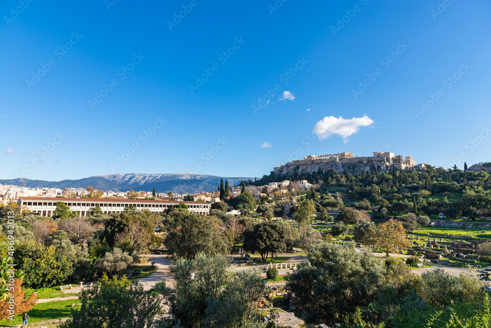 Panorama of the Acropolis. Ancient Greek Parthenon on Acropolis hill is ...