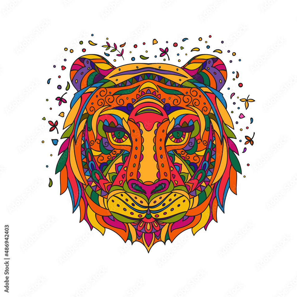 Abstract Tiger head. Vector coloring page in doodle style isolated on a ...