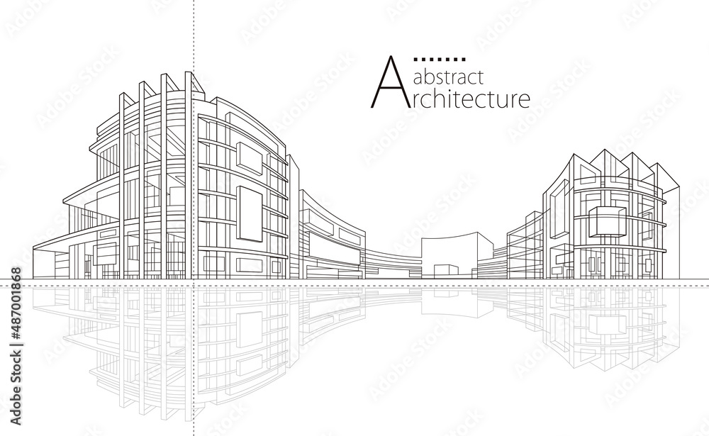 3D illustration linear drawing. Imagination architecture urban building ...