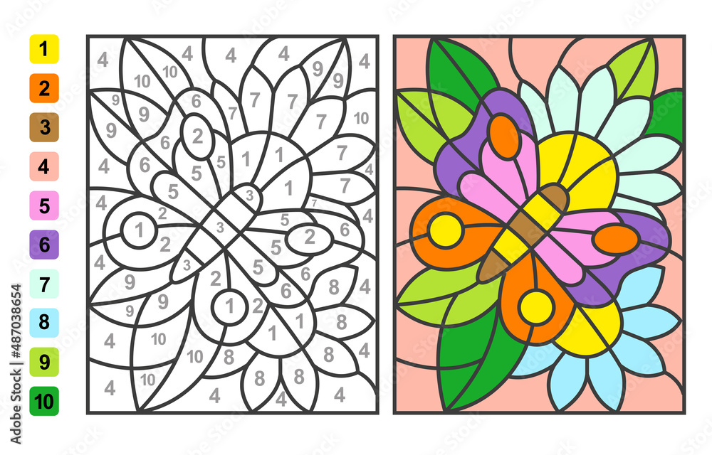 Color by numbers insect butterfly on a flower. Puzzle game for children ...