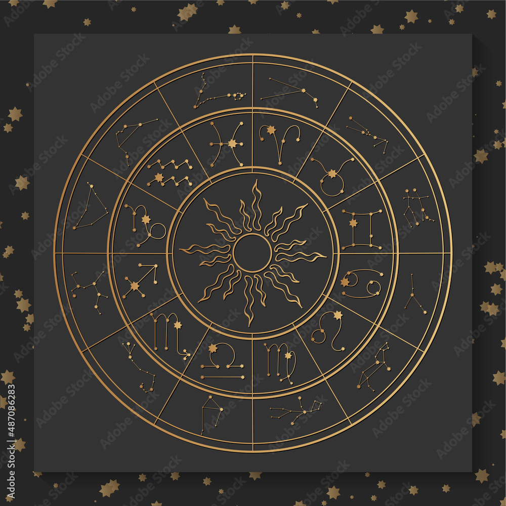 Gold Zodiac wheel on dark square background. Astrological constellation ...