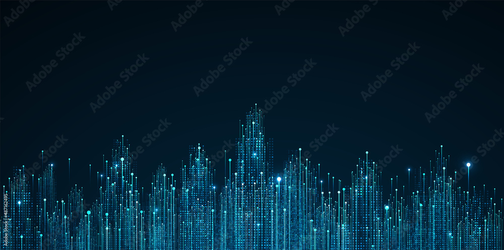 Cityscape on dark blue background with bright glowing neon. Technology ...