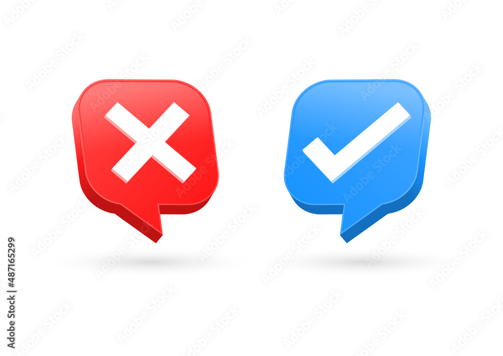 Vetor 3d check mark icon button in speech bubble - correct and incorrect sign or green tick and ...