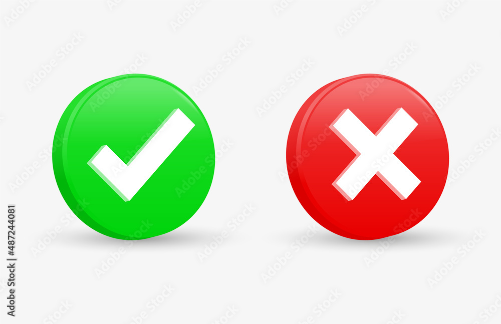 3d checkmark icon button correct and incorrect sign or check mark box frame with green tick and ...