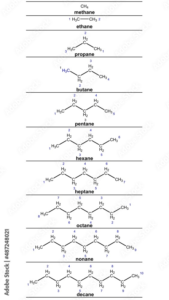 Alkane compounds or alkanes with atoms numbered, methane, ethane, propane, butane, pentane ...