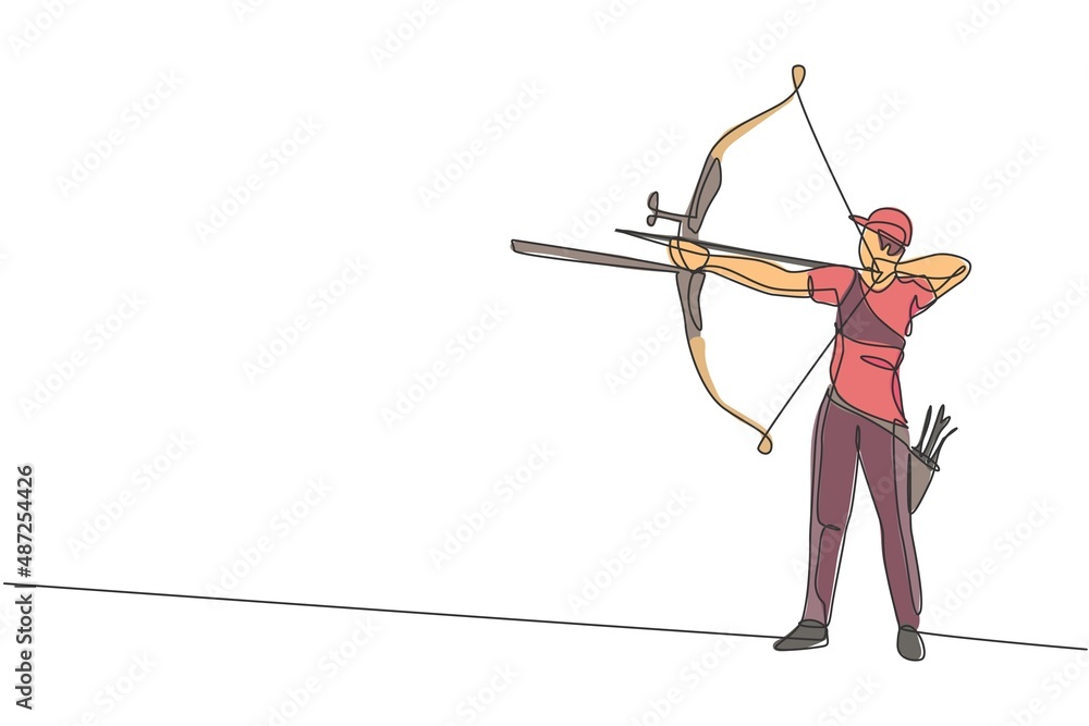 Vector de Stock One continuous line drawing of young archer man pulling bow to shooting an ...