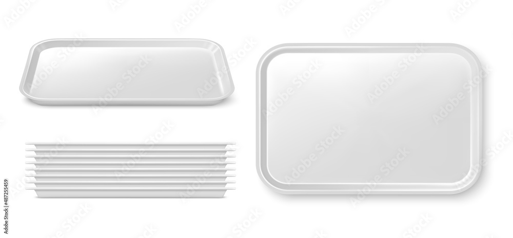 Realistic isolated plastic food trays, serving platters or plates 3d ...