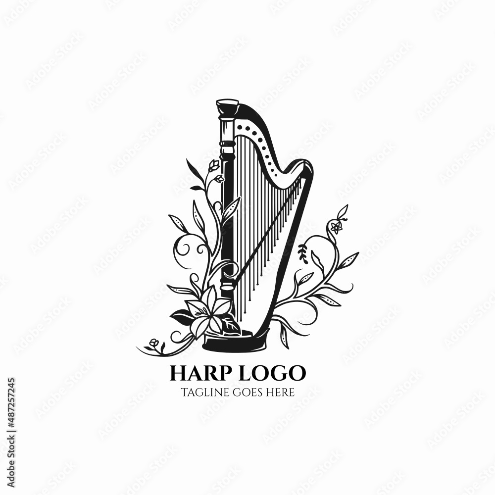Harp logo vector, vintage harp musical illustration, orchestra icon ...