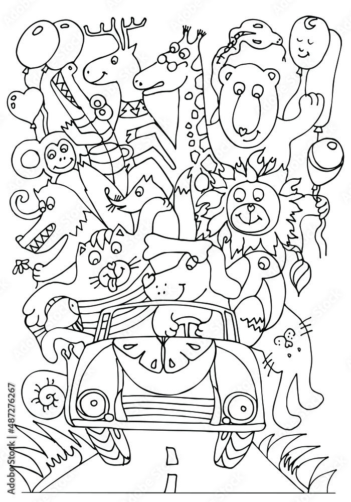 Coloring page for kids. Animal ride by car. Vacation. Printable ...