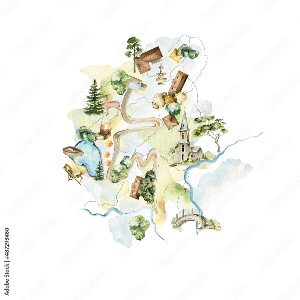 Watercolor map creator for trip, travel, camping. Hand painted road ...