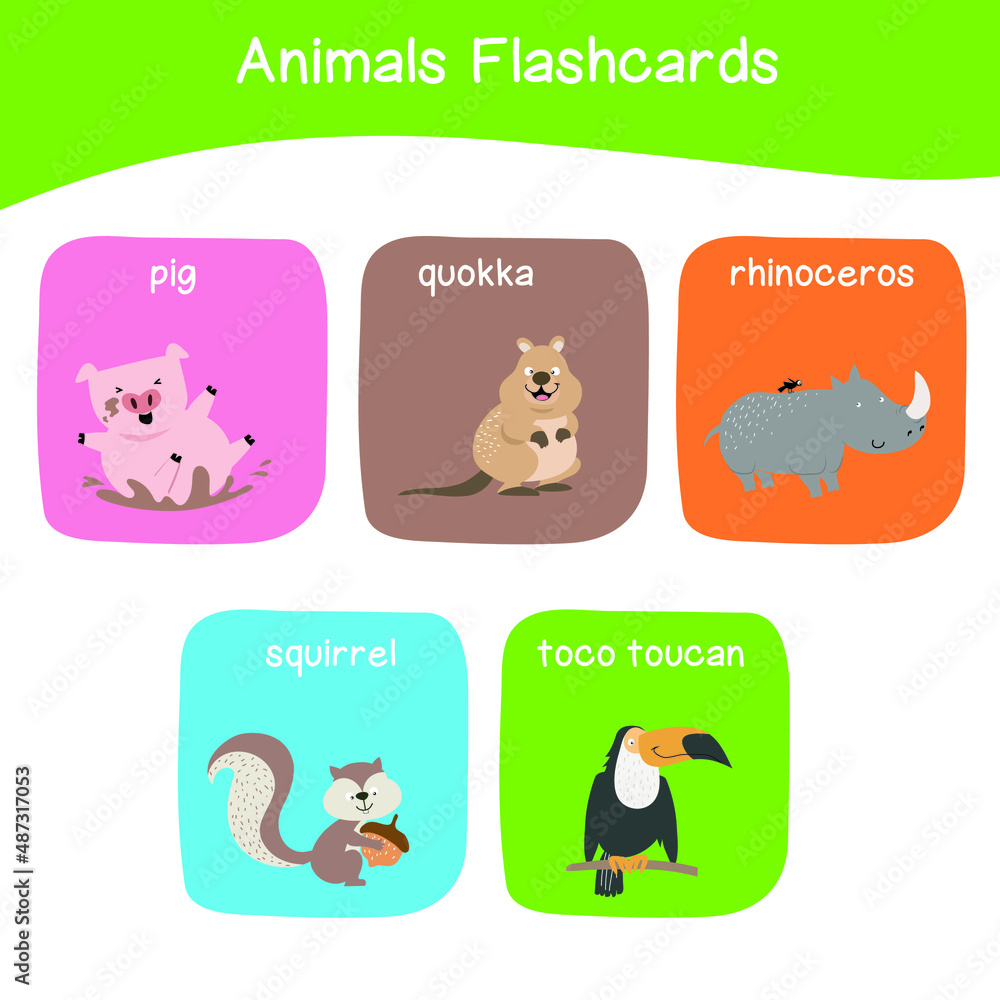 Stock-Vektorgrafik „Cute animal names flashcards for school. Practicing ...