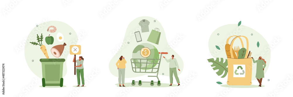 Food loss and waste illustration set. Characters trying to reduce food ...