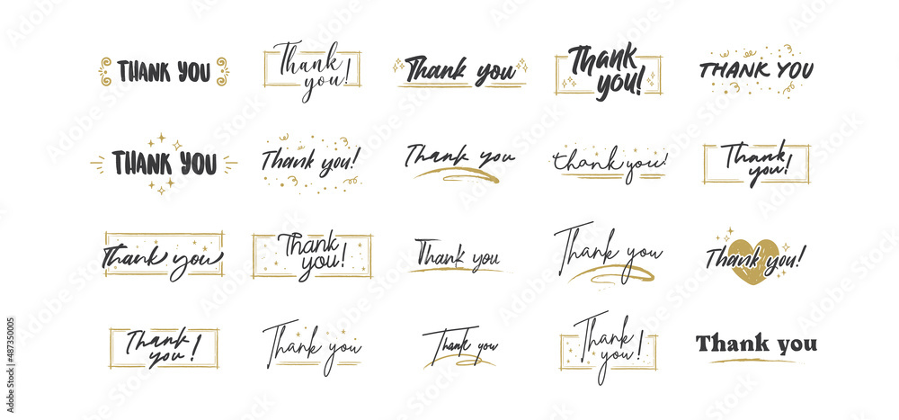 Thank you lettering. Black text word with gold stars. Hand drawn ...