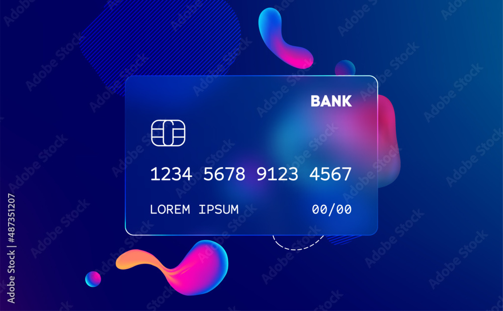 Glass morphism credit card template. Plastic rectangle of transparent ...
