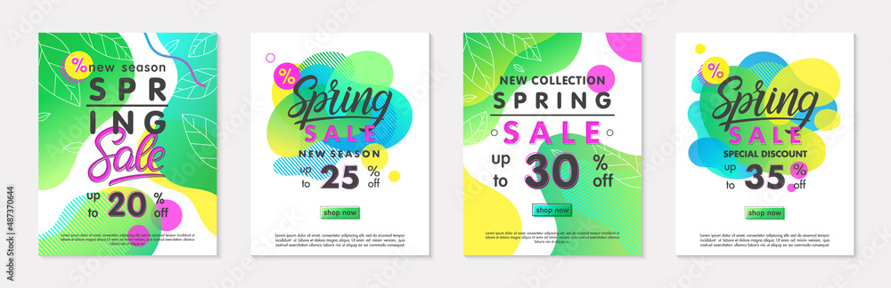 Set of spring sale banners with green gradient backgrounds;linear ...