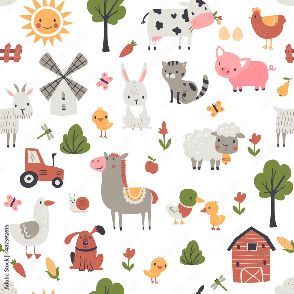 Seamless childish pattern with farm animals. Perfect for fabric ...