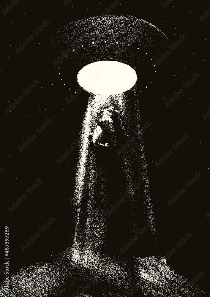 Alien spaceship kidnapping a human with the abduction ray. Retro styled ...