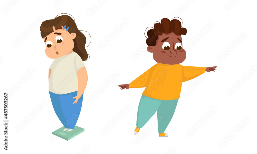 Cute overweight girl boy. Children obesity concept cartoon vector ...