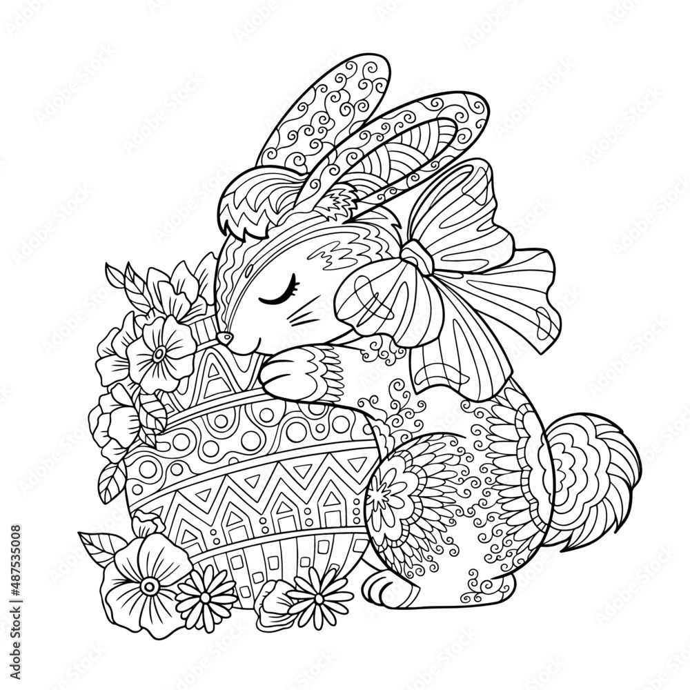 Easter sweet rabbit with decorative egg and spring flowers. Coloring ...