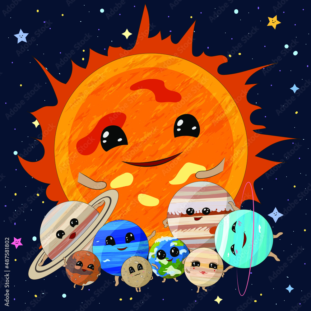 Cartoon Sun with planets of Solar System on space background, vector ...
