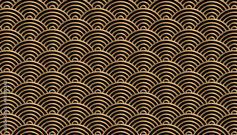 Elegant gold Japanese waves pattern. Art deco style. Luxury circle line ...