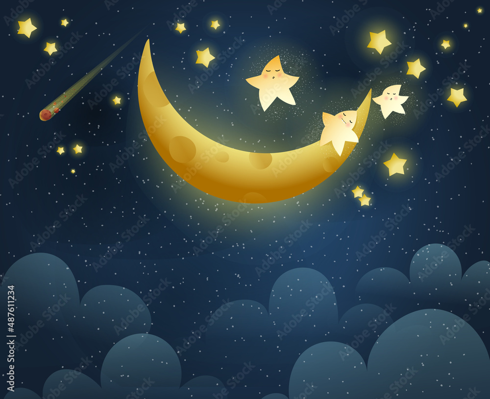 Golden moon sleeping and shiny stars, cosmic background with clouds ...