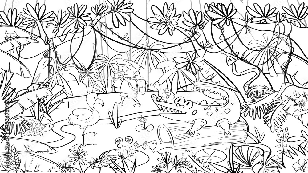 ภาพประกอบ Stock Amazon Rainforest Line art Sketches Jungle creek ...