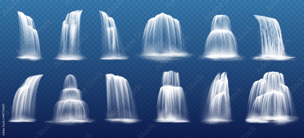 Realistic waterfall cascades, water fall streams vector set. Pure ...