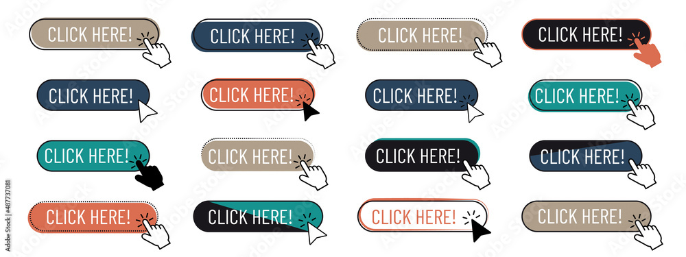 Click Here Button Set - Different Flat Vector Illustrations Isolated On ...
