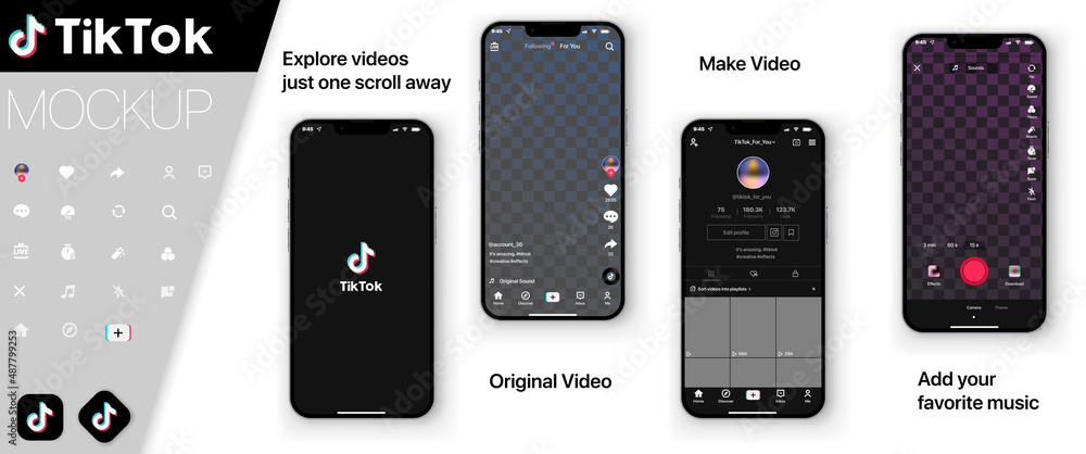 Vektor Tiktok. Tik tok mobile App interface template on Apple Iphone ... Vektor Tiktok. Tik tok mobile App interface template on Apple Iphone ...