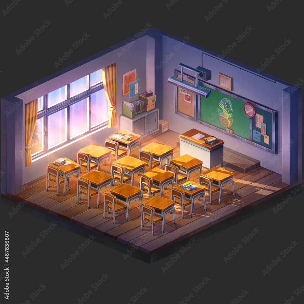 Isometric classroom anime art style, Sunset - 2D Anime Background ...