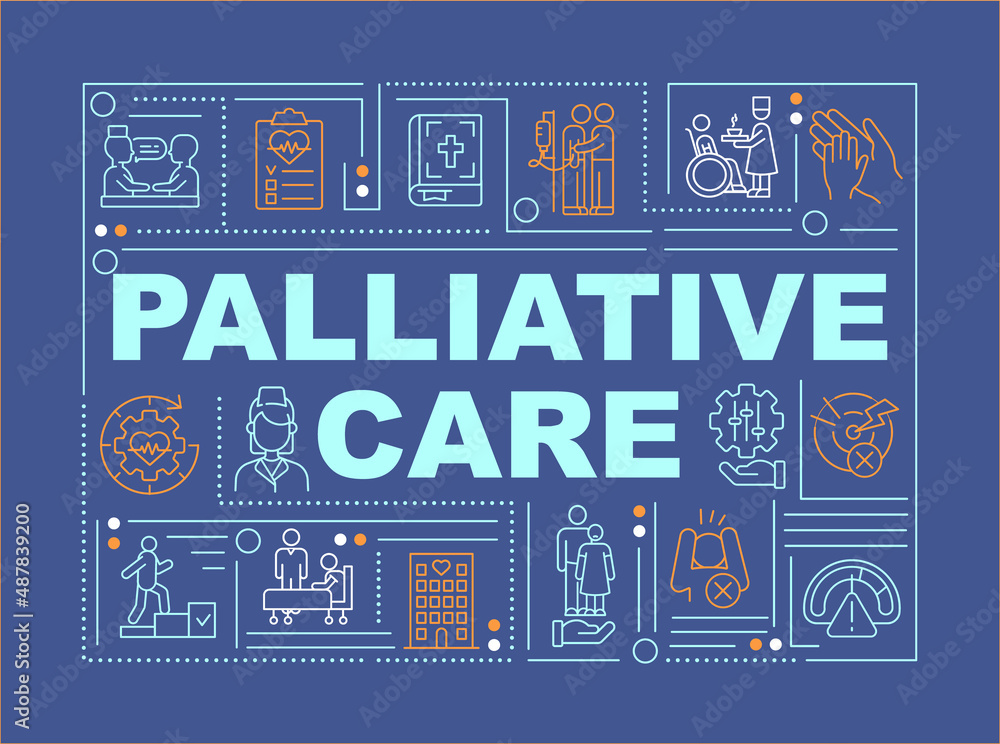 Palliative care word concepts blue banner. Patient support program. Infographics with icons on ...