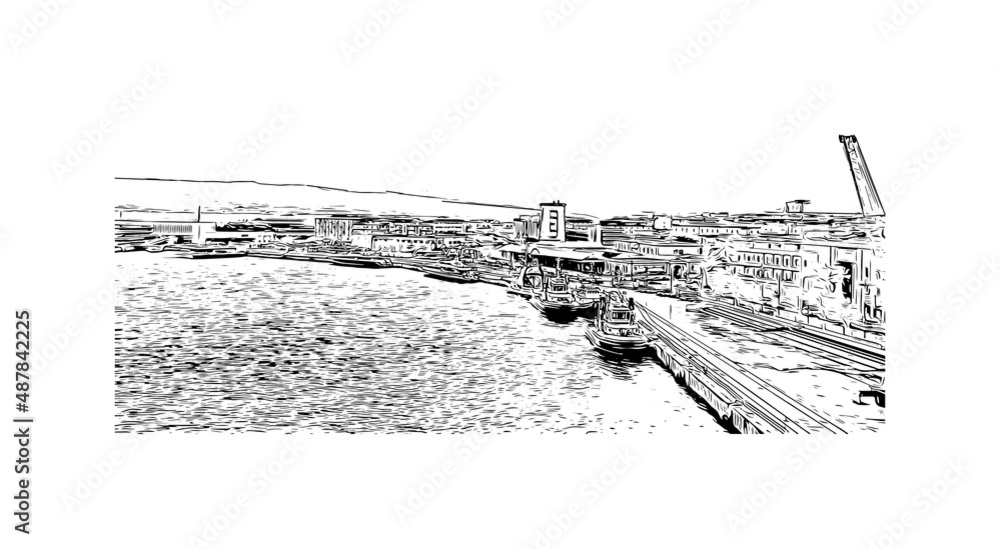 Building view with landmark of Messina is the city in Italy. Hand drawn ...