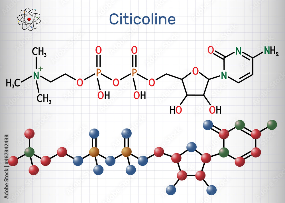 Citicoline, CDP-choline, cytidine diphosphate-choline molecule. It is ...