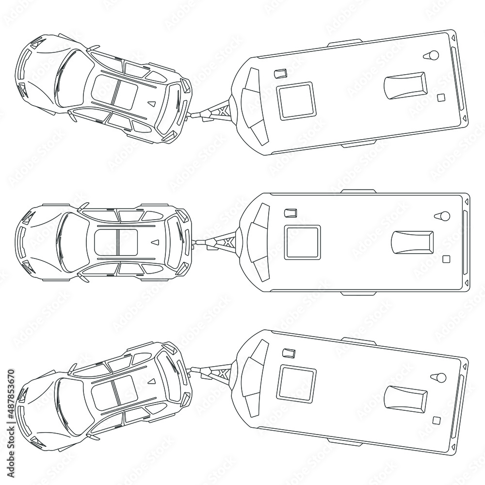 Car and caravan, travel trailer, camper, tourer. A top view of outlined ...