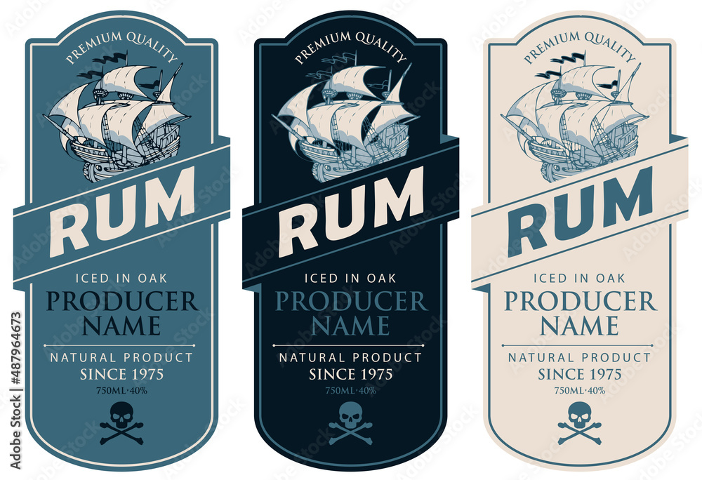 Set of vector labels for rum in a figured frames with old sailing ships ...