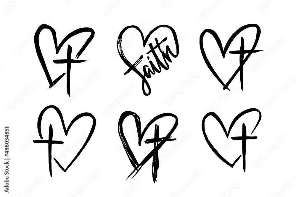 Set of hand drawn grunge christian cross and heart. Religion symbols ...