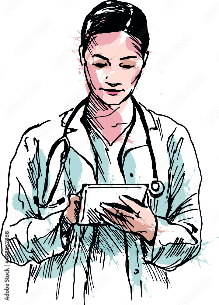 Colored hand sketch of a young female doctor. Vector illustration ...