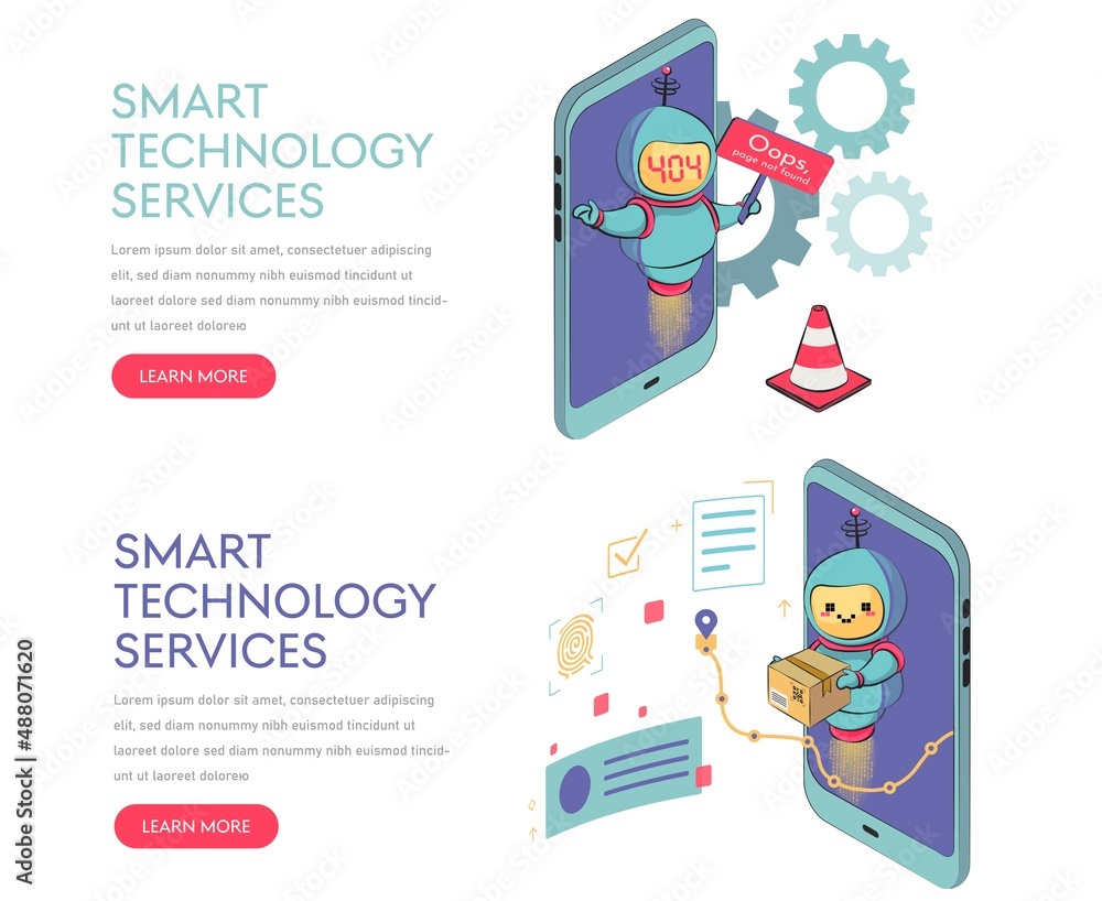 Cloud robotics, robotic process automation, metaphors for open automation architecture. Vector ...