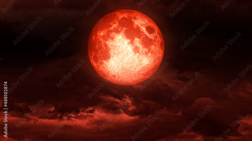 Creepy blood moon,red moon,The bloody full moon on the clouds.Horror ...