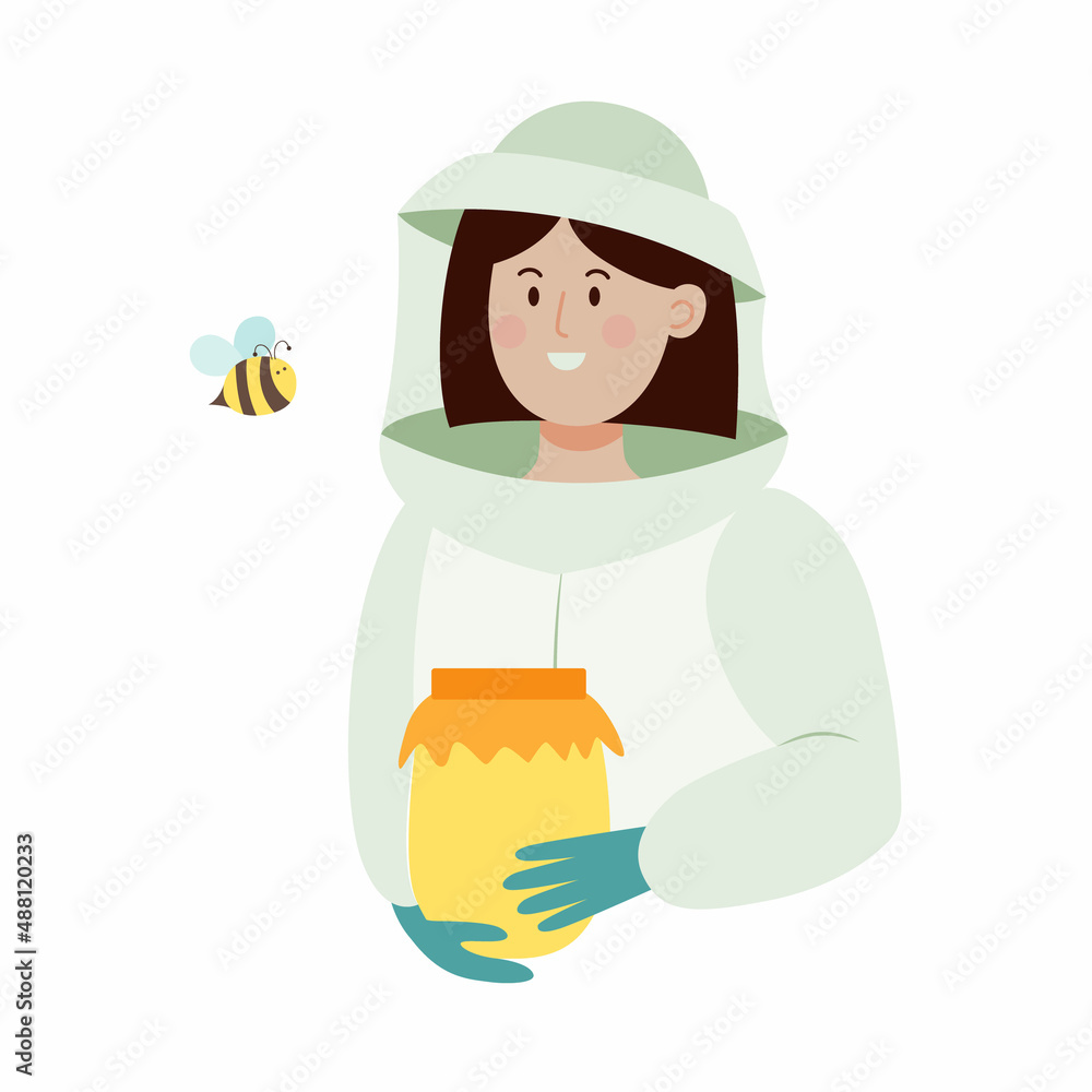 Beekeeper female character in a bee protection suit with a jar of honey ...