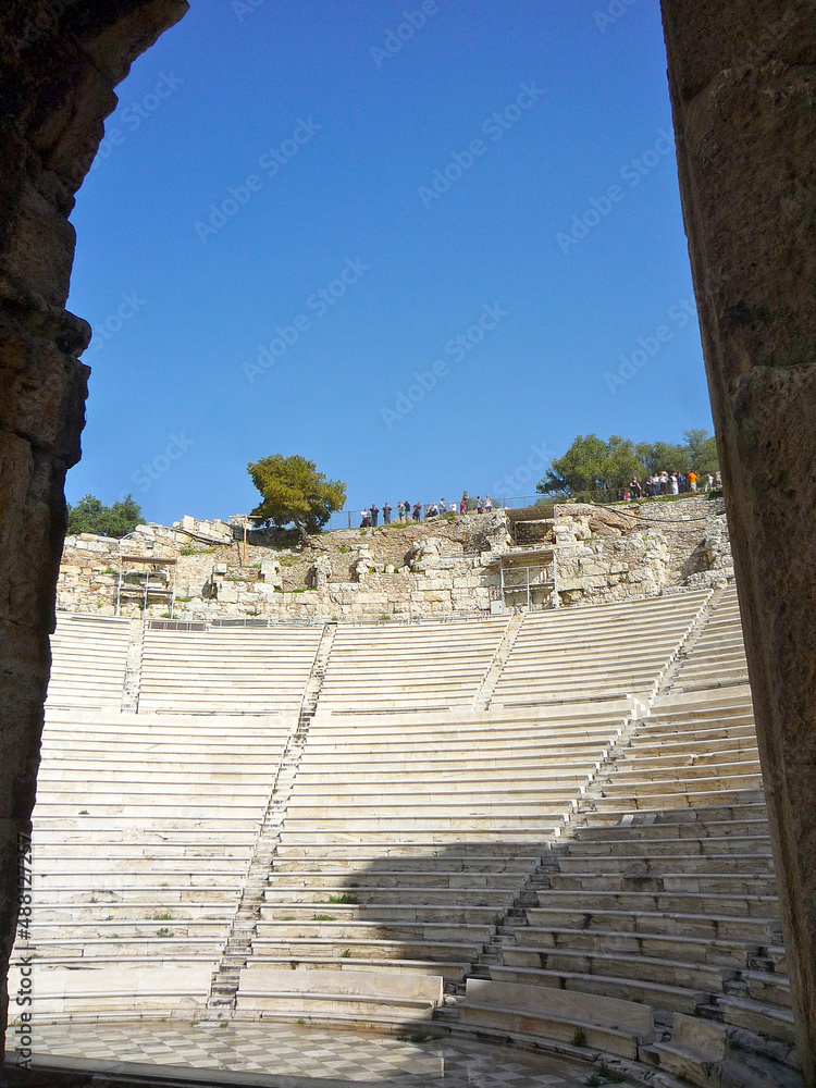 Historic ruins and columns of Ancient Greek temples, houses and palaces in downtown Athens ...