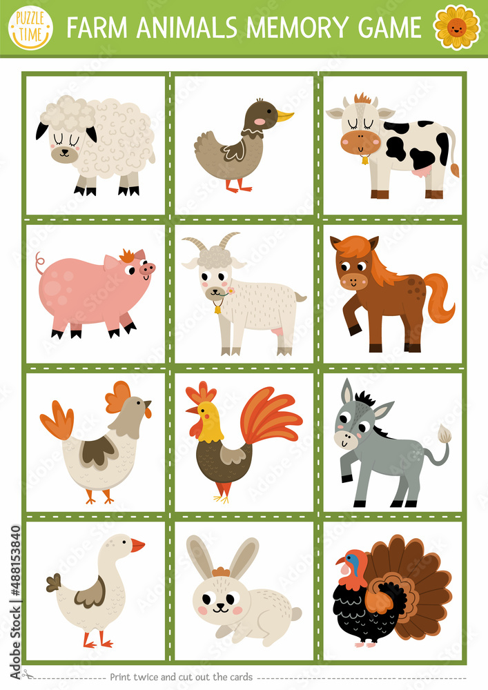 Vector farm animals and birds memory game cards with cute cow, hen ...